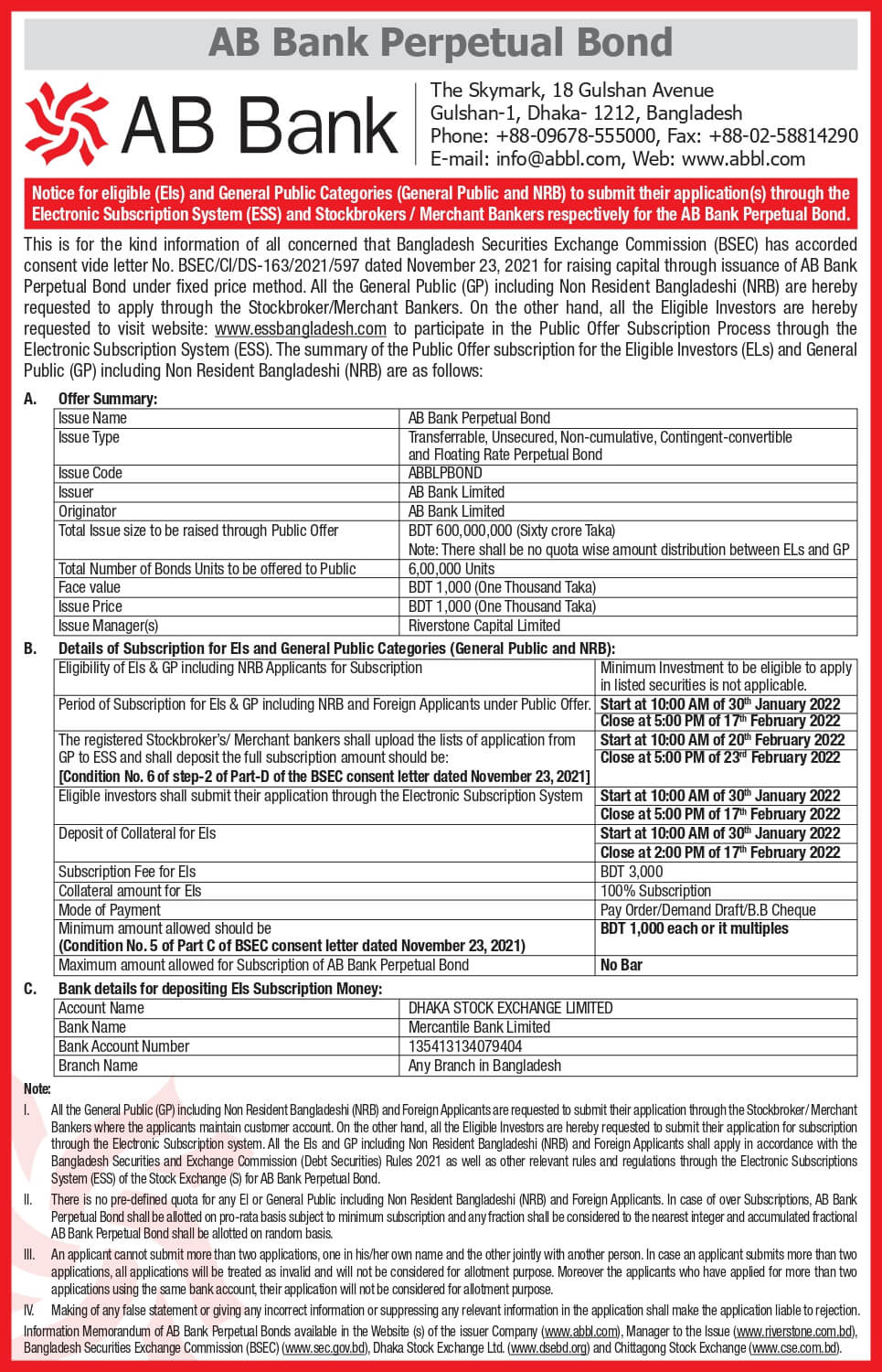 Notice Of AB Bank Perpetual Bond AB Bank PLC Notice Of AB Bank Perpetual Bond AB Bank PLC
